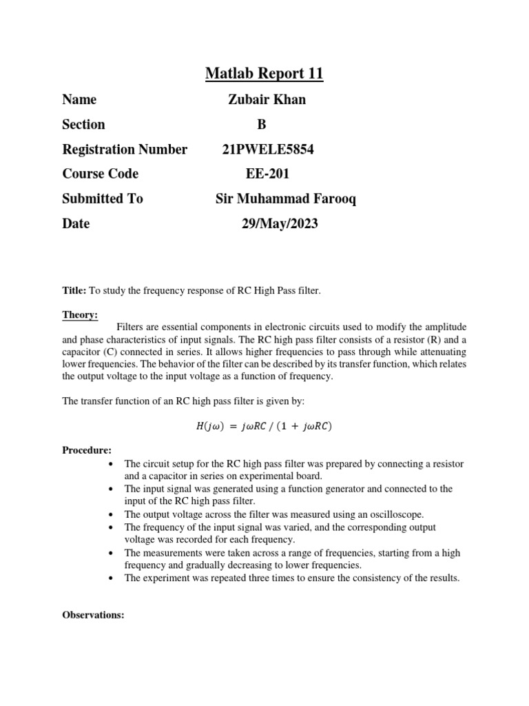 Matlab Report 11 | PDF | Electronic Filter | Electromagnetism