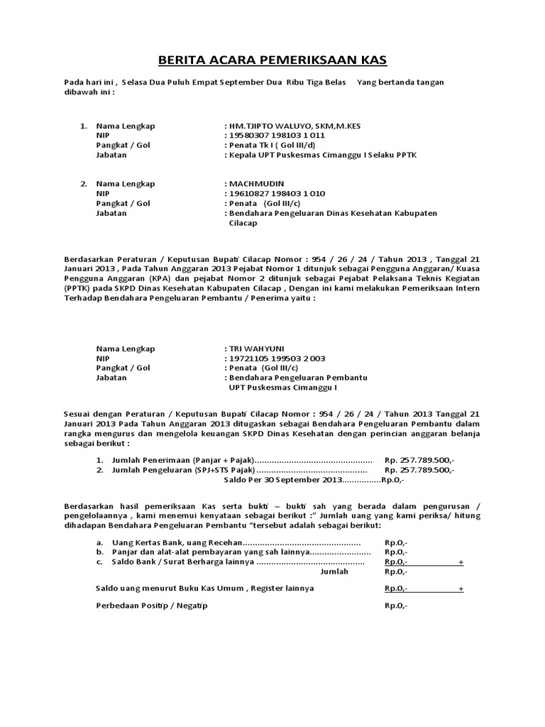 Berita Acara Pemeriksaan Kas | PDF