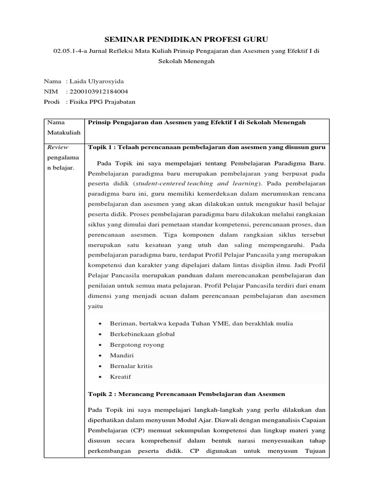 Jurnal Refleksi Prinsip Pengajaran Dan Asesmen Yang Efektif 1 | PDF