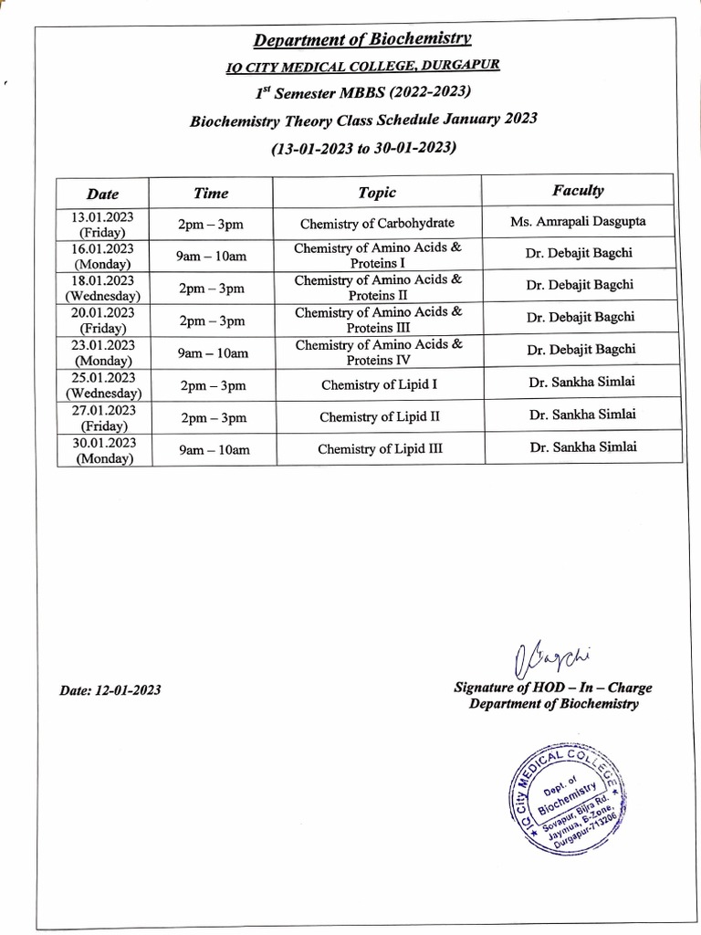 Biochemistry January Class Schedule 2023 | PDF