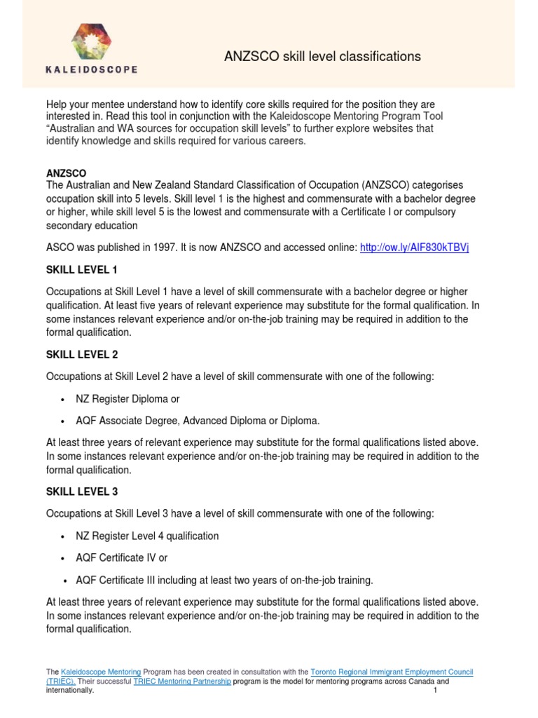 ANZSCO Skill Level Classifications 1 | PDF | Qualifications | Educational Stages