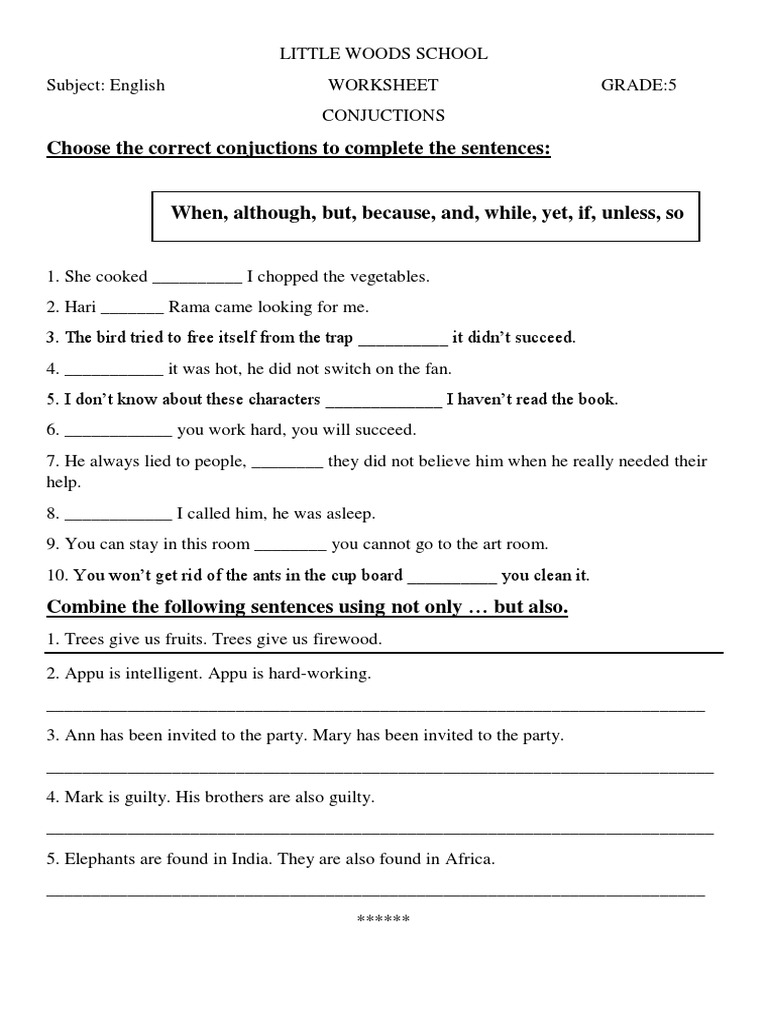 Conjuctions Worksheet gr5 | PDF
