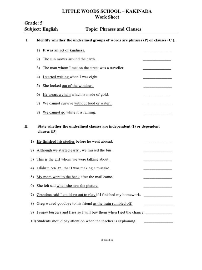 Grade 5 English Work Sheet Topic - Phrases and Clauses | PDF