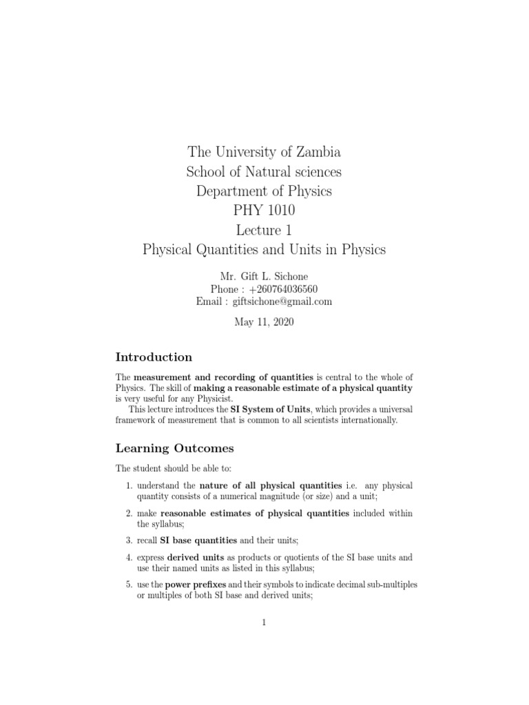 Lecture 1 - Physical Quantities and Units in Physics | PDF | International System Of Units ...