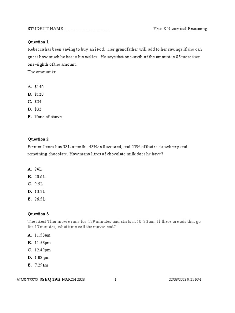 TEST_29B_AIMS_SSEQ_MARCH_2023_NUMERICAL_REASONING | PDF | Speed ...