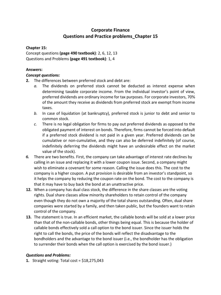 Corporate Finance - Exercise Chapter 15 | Download Free PDF | Preferred ...