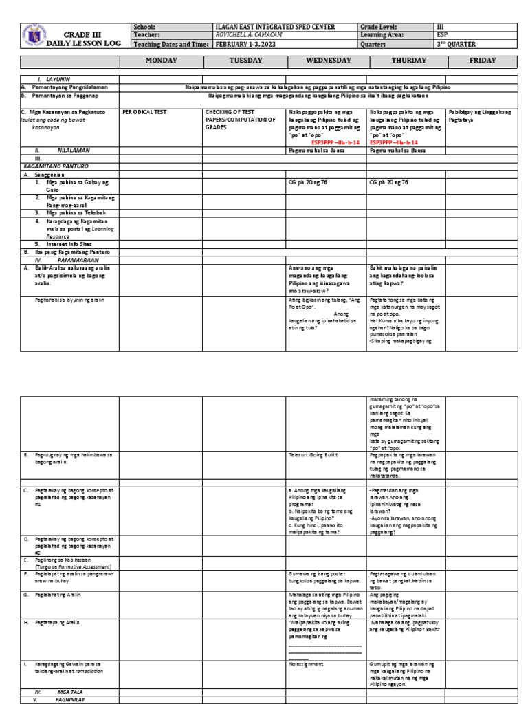 Grade Iii Daily Lesson Log Monday Tuesday Wednesday Thurday Friday | PDF