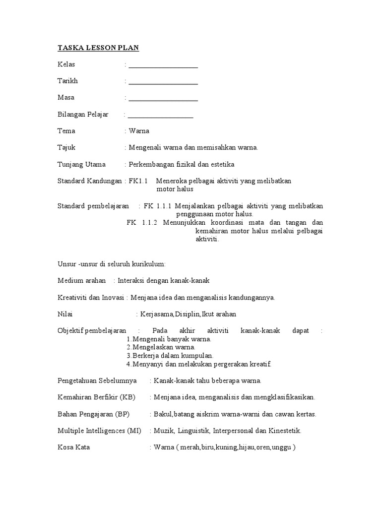 Taska Lesson Plan Melayu | PDF