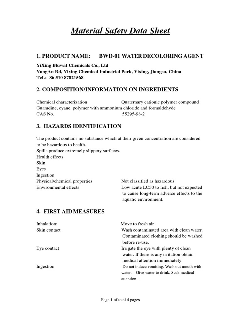 Bluewat-MSDS-Water de Colorant Agent-English | PDF | Water | Toxicity