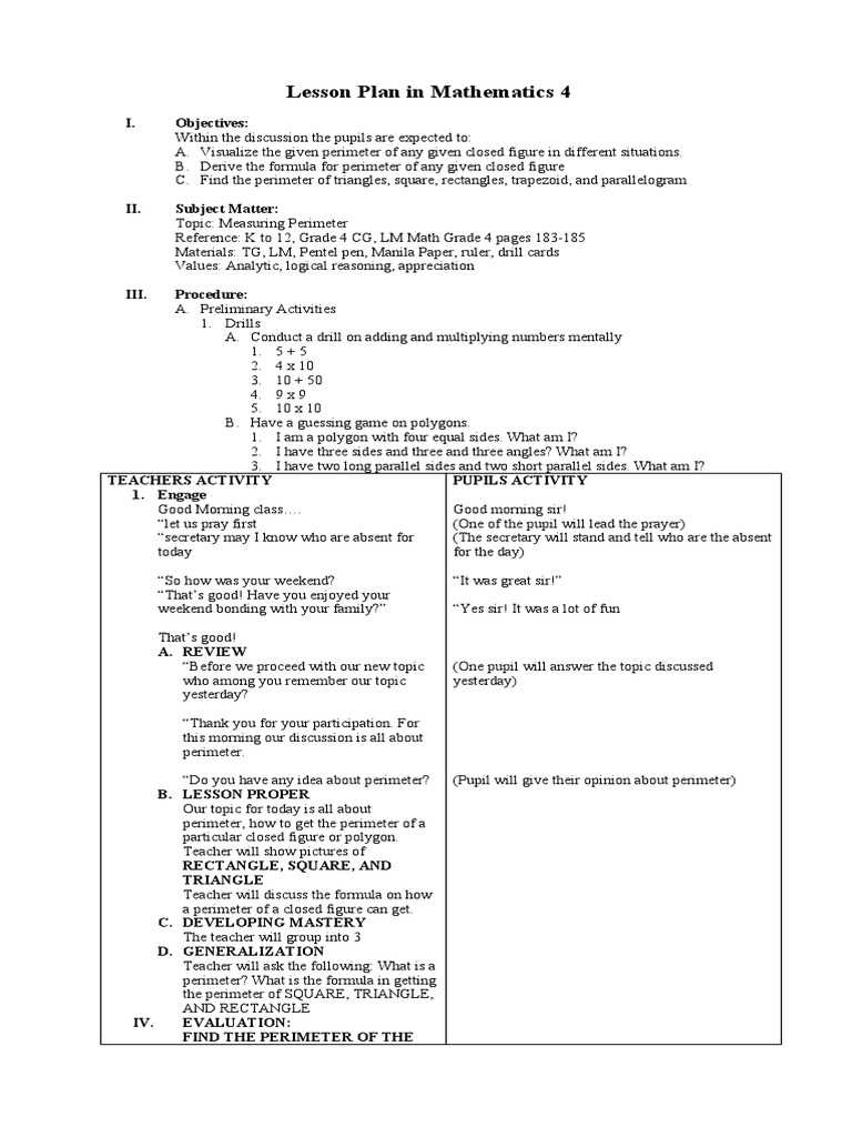 Lesson Plan in Mathematics 4 (COT) | PDF