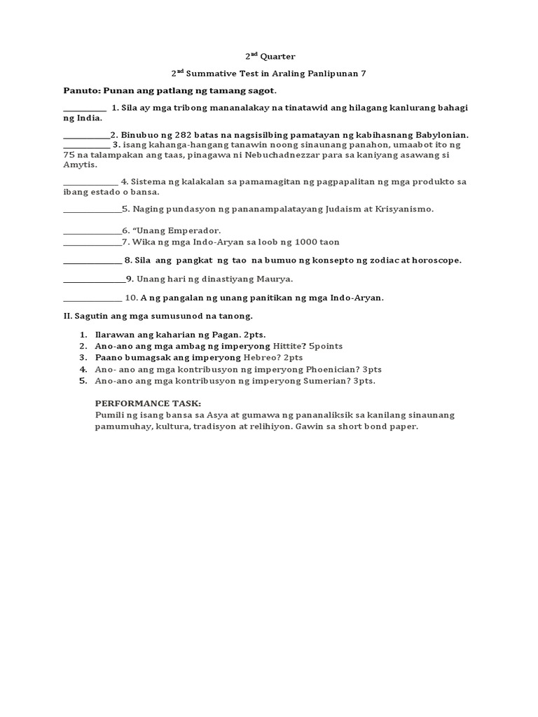 2nd qrt2nd Summative Test in Araling Panlipunan 7 | PDF