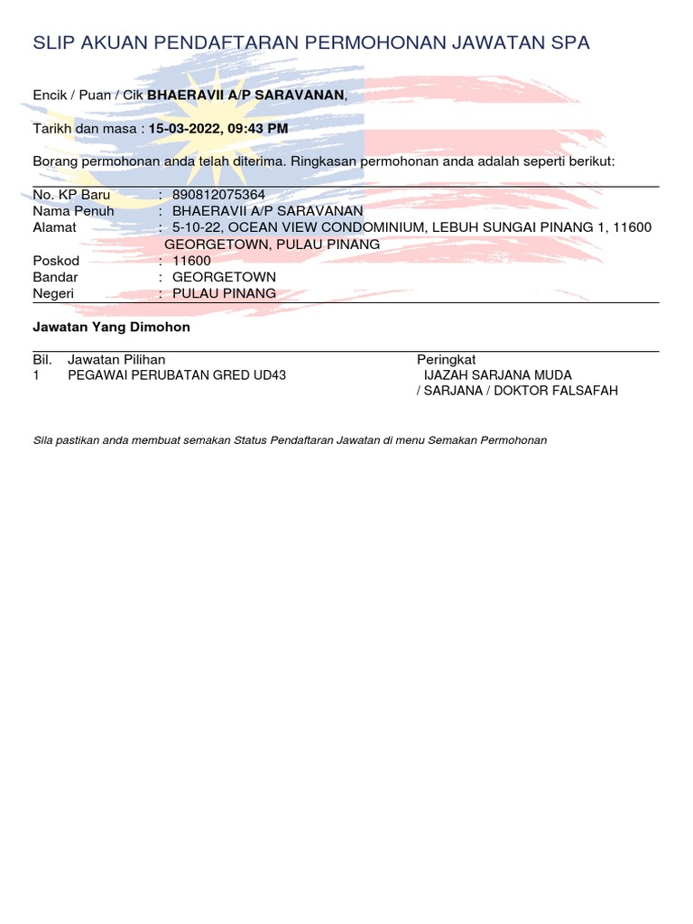 Slip Perakuan Pendaftaran | PDF