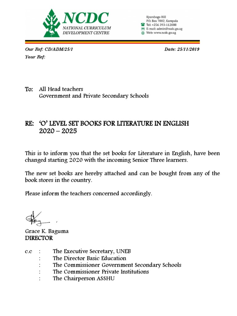 O Level NCDC Setbooks Lit 2020 To 2025 | PDF