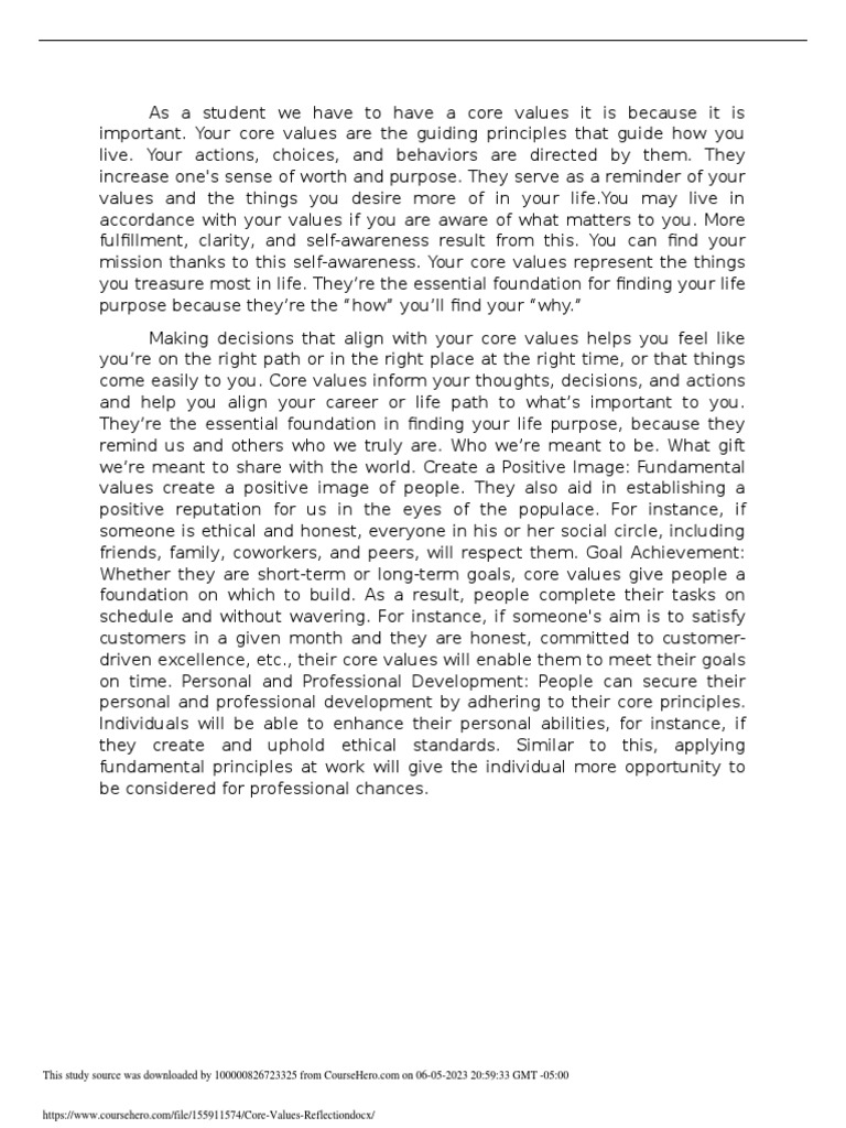 Core Values Reflection | PDF | Goal | Self Awareness