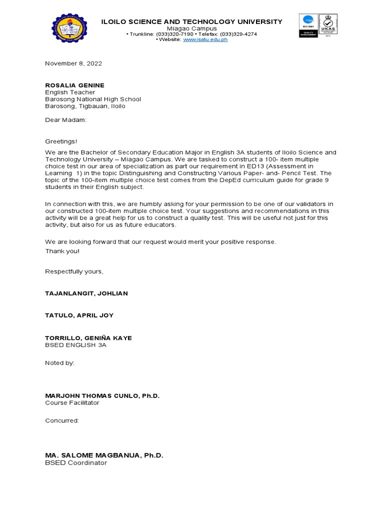 Letter For Validators | PDF | Multiple Choice | Curriculum