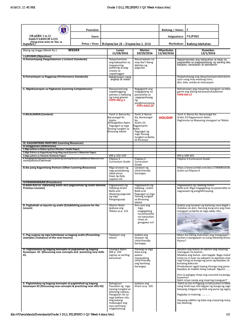 Grade 3 DLL FILIPINO 3 Q3 Week 4.Docx.html | PDF