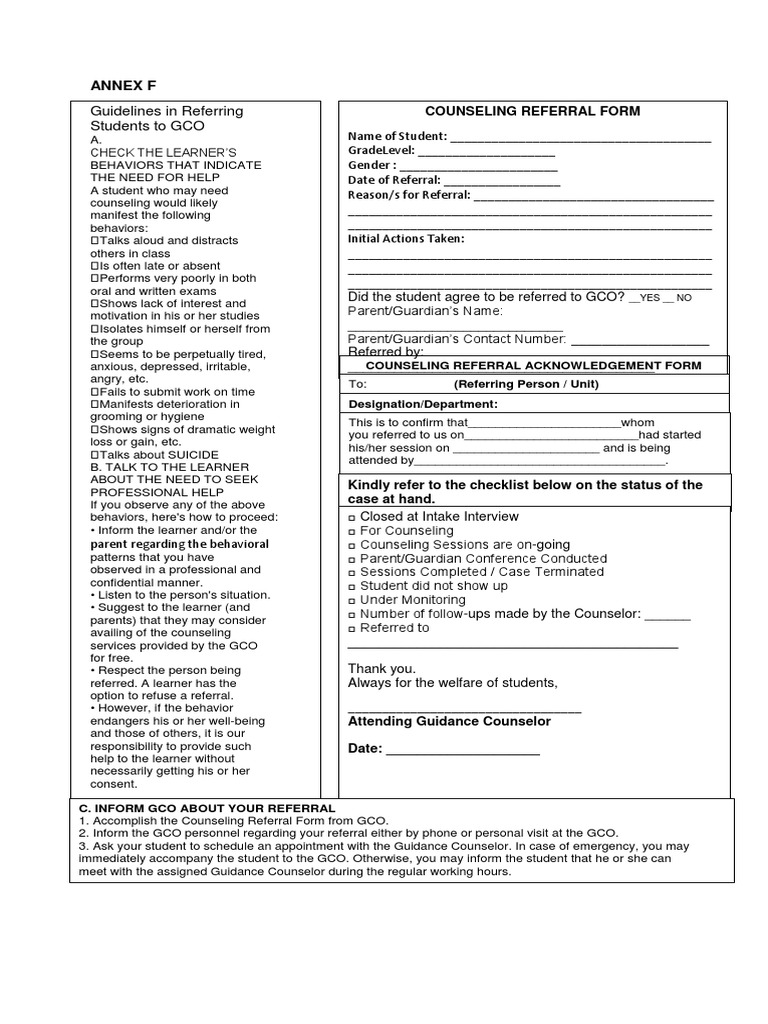 Counseling Referral Form Template | PDF | School Counselor | Behavior ...