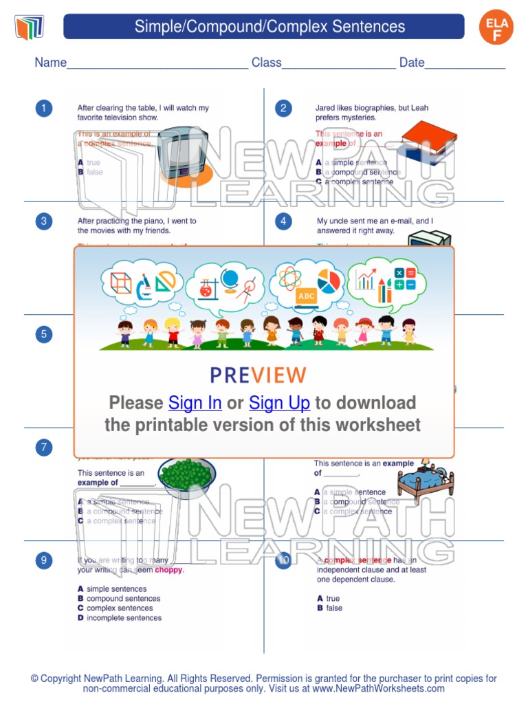 Worksheet Ela Grade 6 Simple Compound Complex Sentences 1 2 | PDF ...
