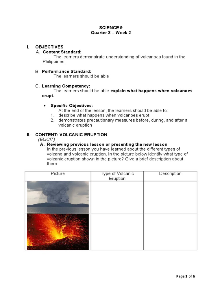 DLP Science 9 Q3 Week 2 | PDF | Volcano | Types Of Volcanic Eruptions
