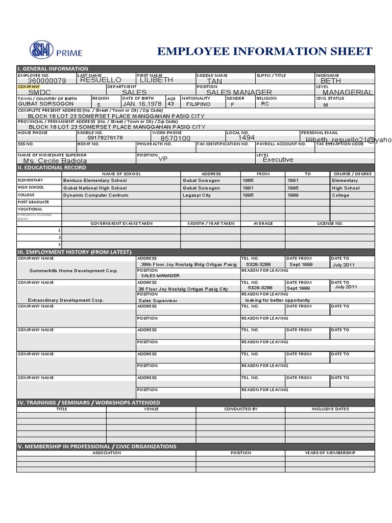 Employee Information Sheet - Template | PDF