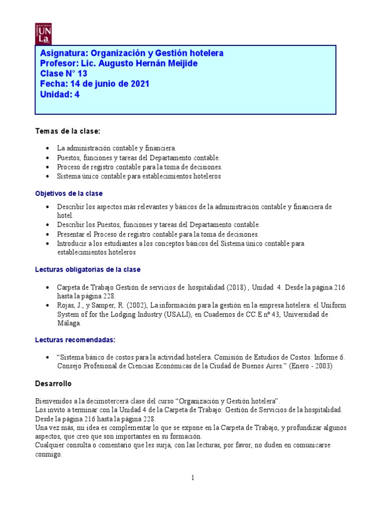 CLASE Unla 13 | PDF | Contabilidad | Hotel