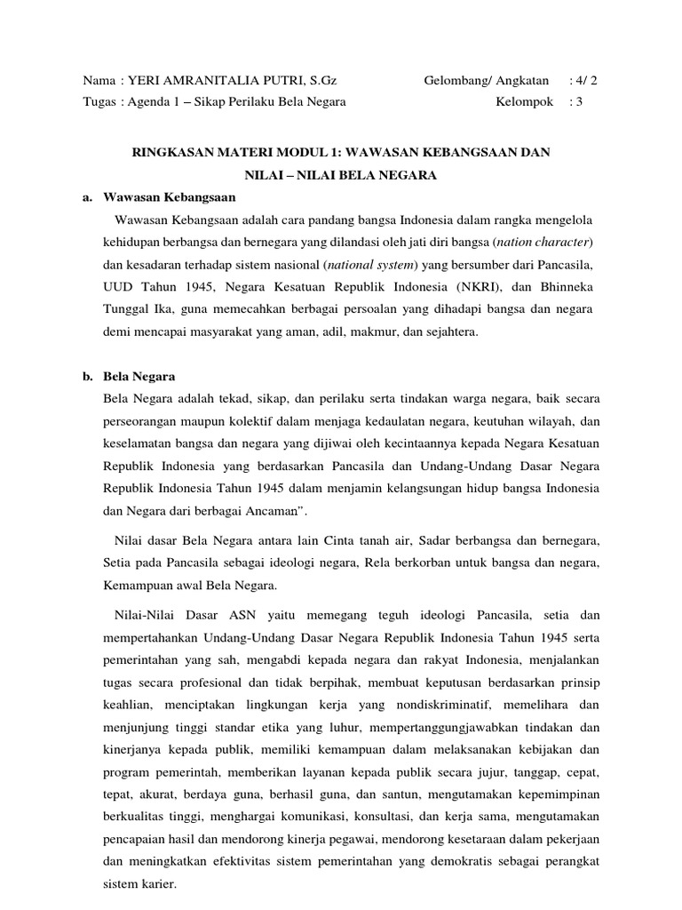 Tugas Agenda I - Sikap Perilaku Bela Negara - 2.3 - 02 - Yeri - PKM Teluk Sebong | PDF
