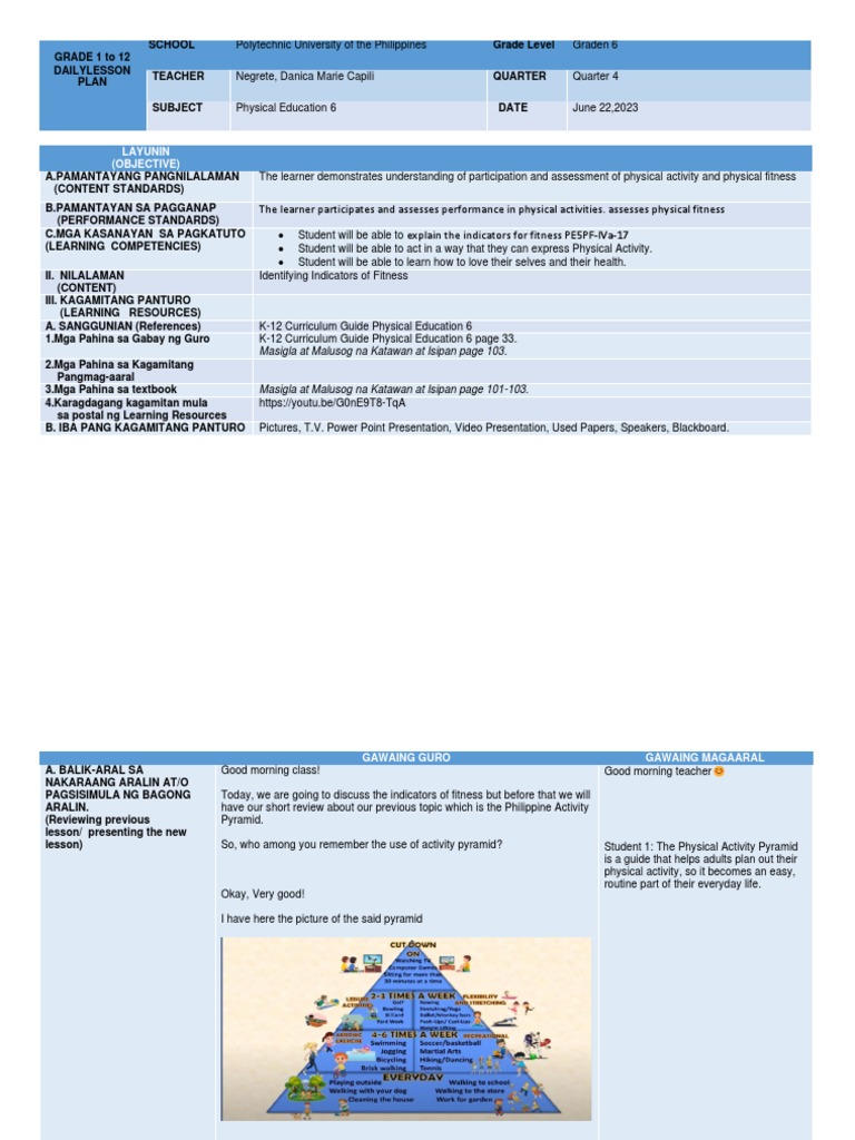 Lesson Plan in Teaching P.E. Grade 5 | PDF | Skeletal Muscle