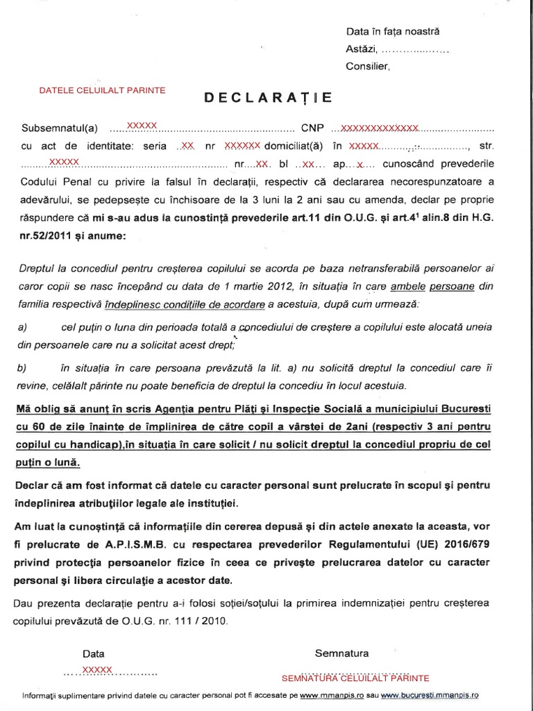 Declaratia Celuilalt Parinte Model | PDF
