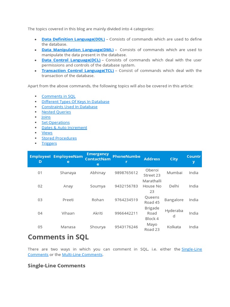 Comments in SQL | PDF