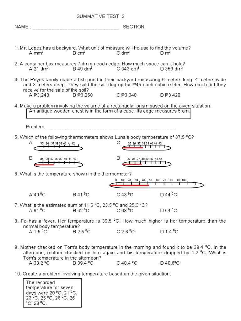 Sample Summative Test | PDF | Volume