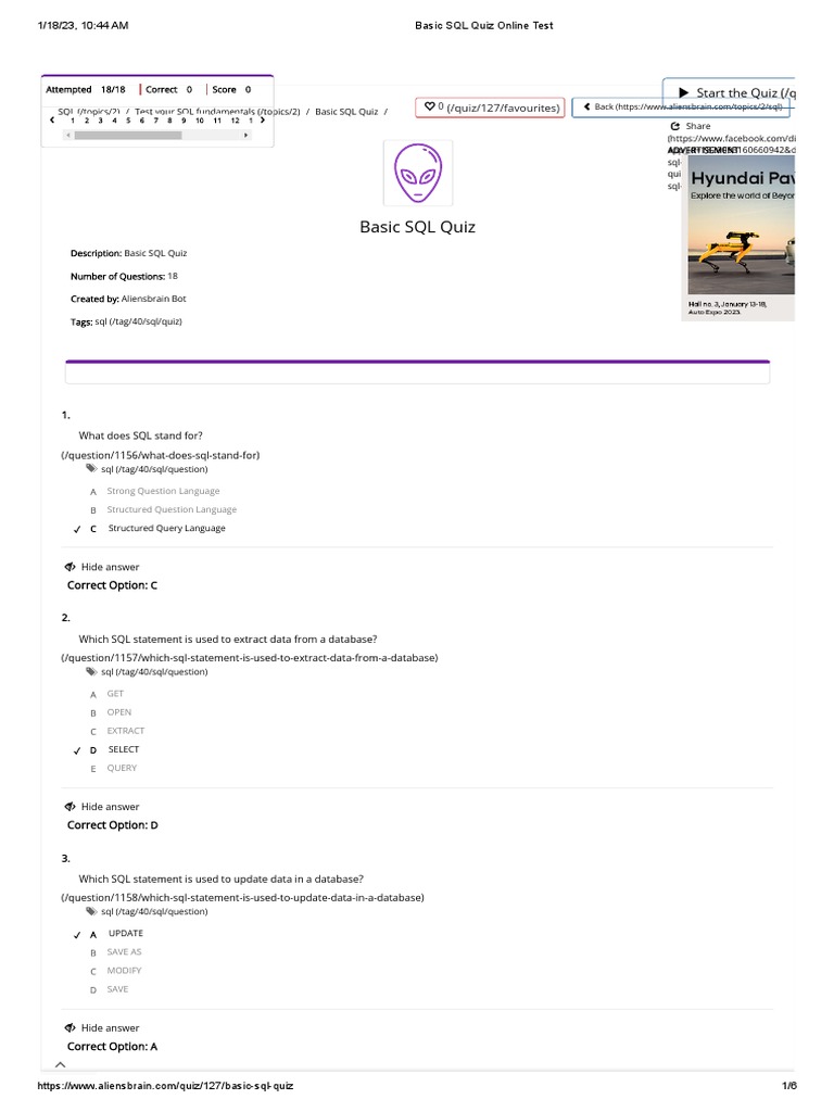 Basic SQL Quiz Online Test1 | PDF | Sql | Data Management