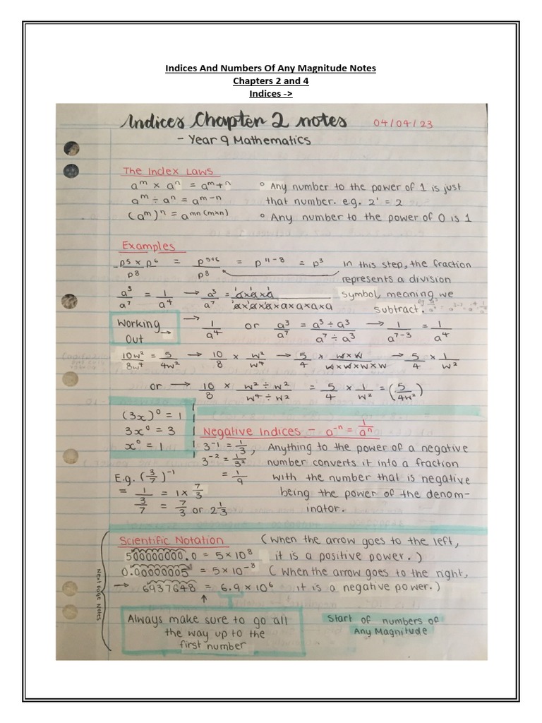 Year 9 Indices and Numbers of Any Magnitude Notes | PDF