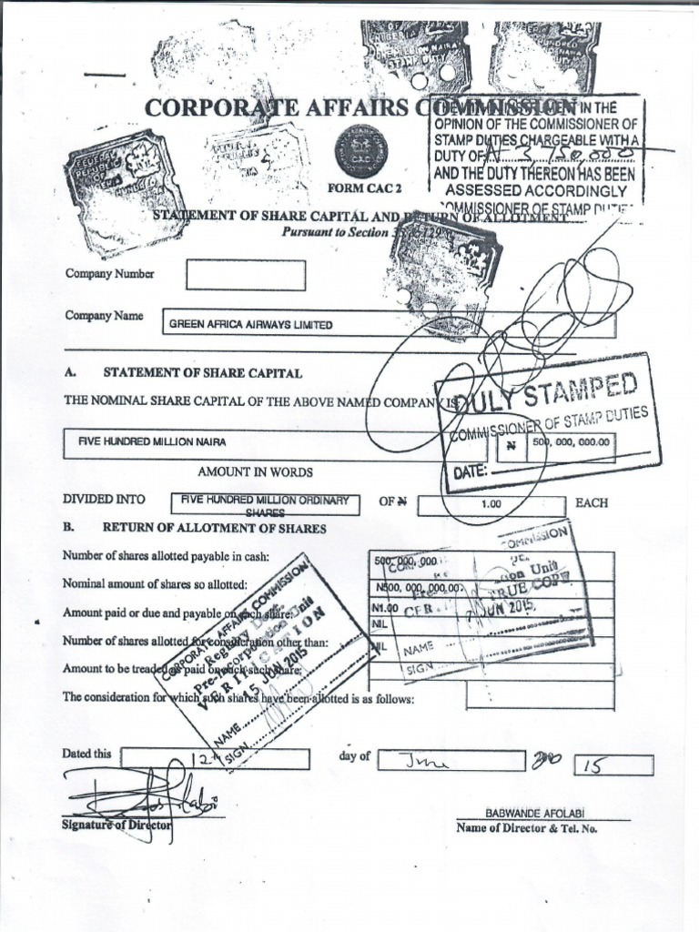 Green Africa Airways CAC Forms - 2015 | PDF