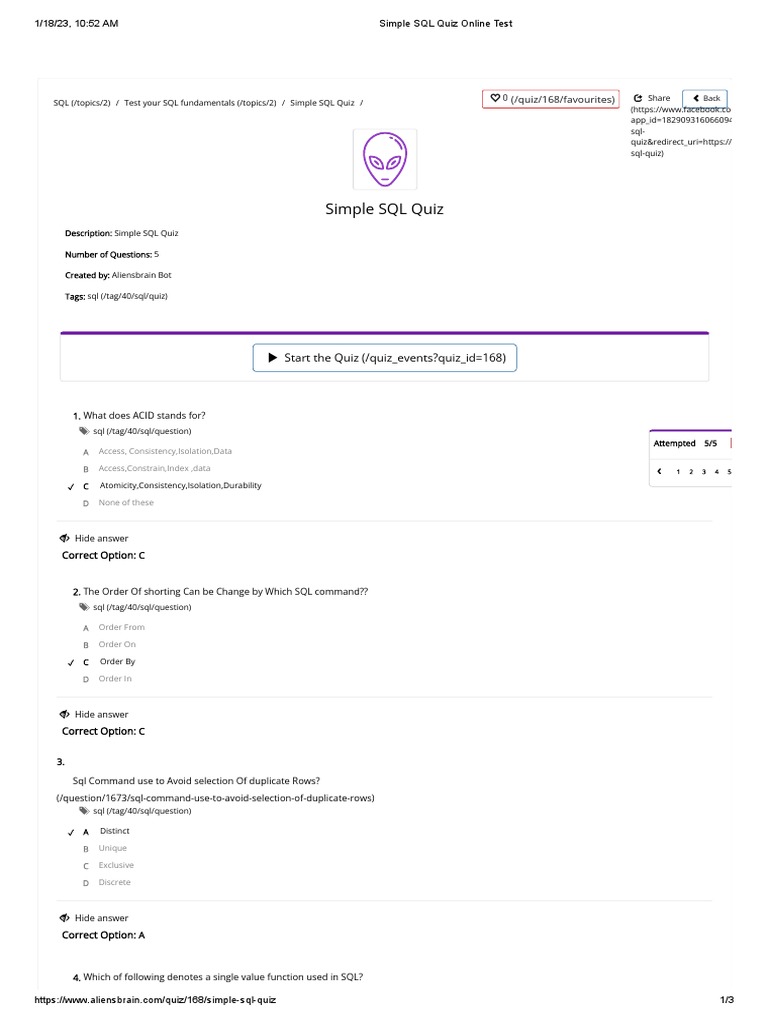 Simple SQL Quiz Online Test | Download Free PDF | Quiz | Sql
