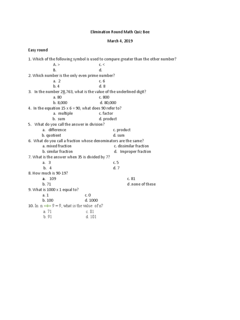 Elimination Round Math Quiz Bee for printing | PDF Elimination Round Math Quiz Bee for printing | PDF