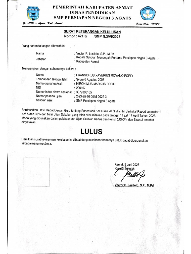 Surat Keterangan Kelulusan SMP | PDF