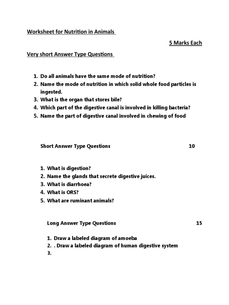 Worksheet For Nutrition in Animals | PDF