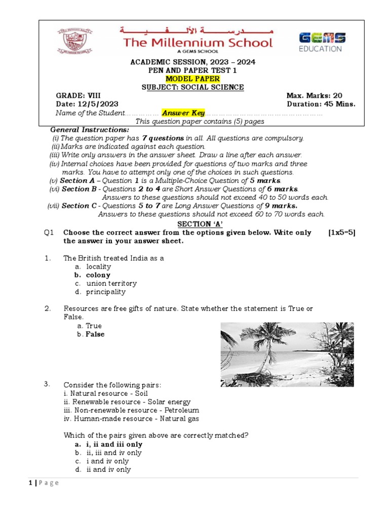 GR 8 - PT1 Model Paper - Answer Key 2023 | PDF GR 8 - PT1 Model Paper - Answer Key 2023 | PDF