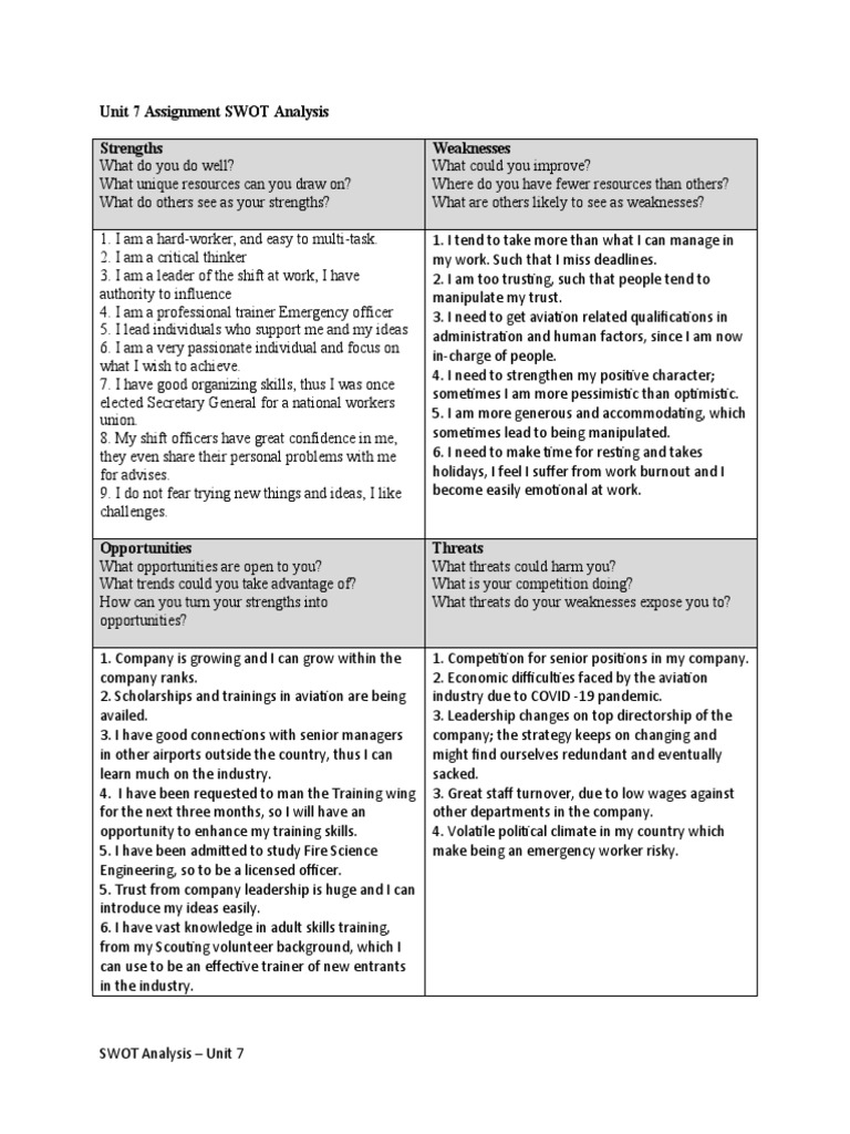 PSYC 1205 UNIT 7 SWOT Analysis Assignment | PDF | Swot Analysis | Cognition