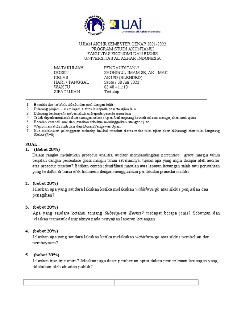 Soal UAS AK19G Pengauditan-2 | PDF | Karier & Perkembangan