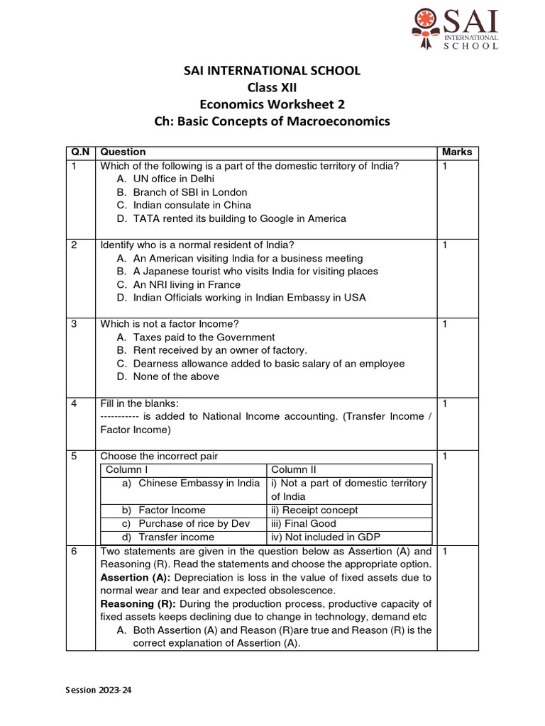 Class XII Economics Worksheet: Macroeconomics | PDF | Income | Measures ...