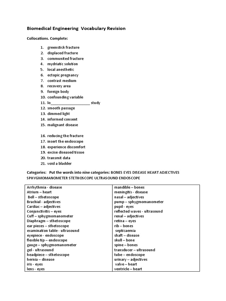 Biomedical Engineering Vocabulary Revision Exercises | PDF | Heart ...