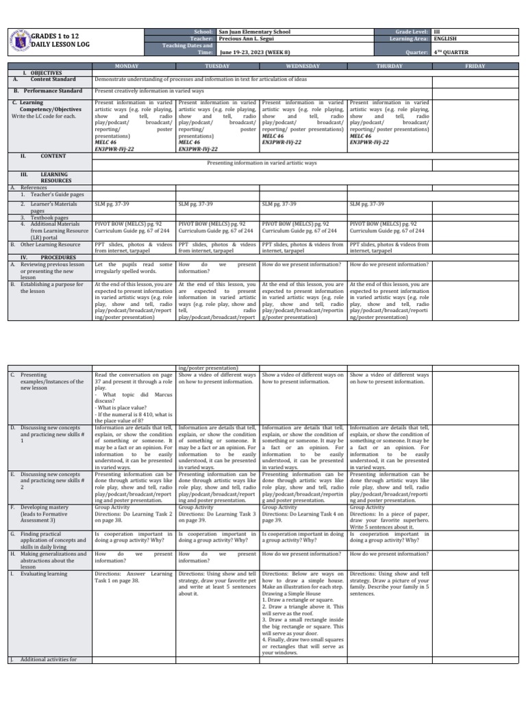 q4 DLL English Week 8 | PDF | Information | Teachers