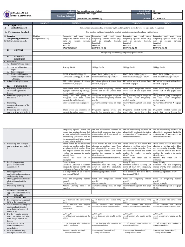 q4 DLL English Week 7 | Download Free PDF | Phonics | Learning