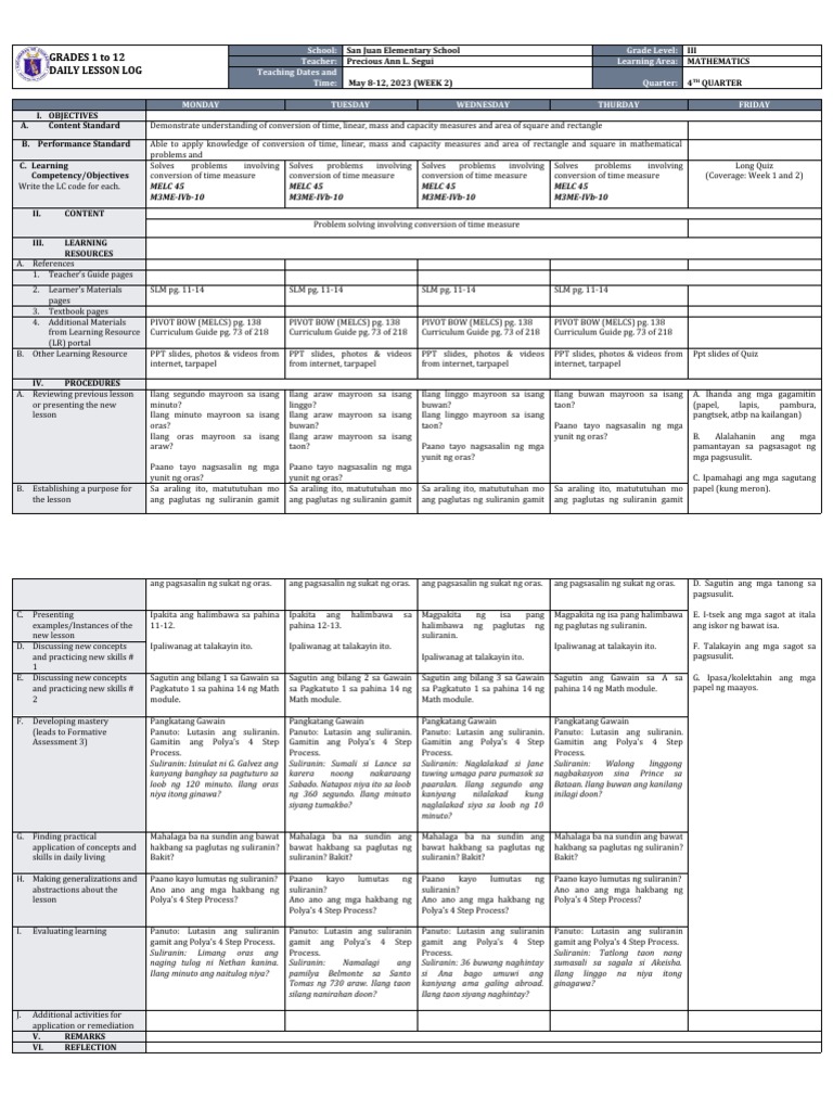 Q4 DLL Mathematics Week 2 | PDF | Curriculum | Learning