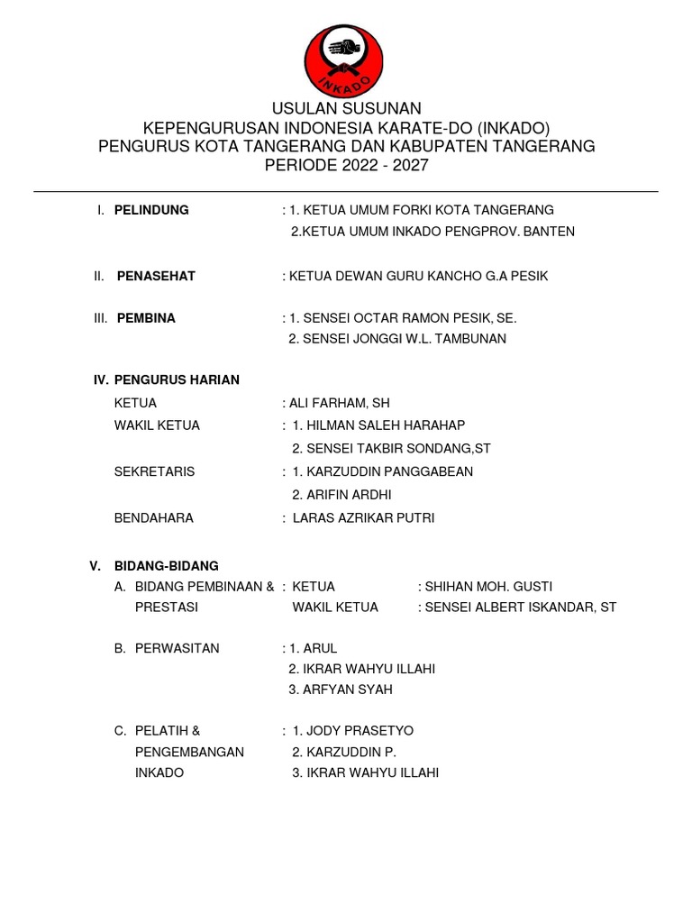 Usulan Susunan Pengurus Inkado | PDF