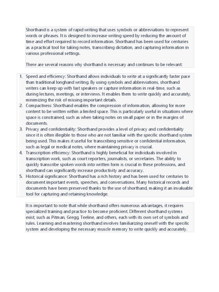 Shorthand Is A System of Rapid Writing That Uses Symbols or ...