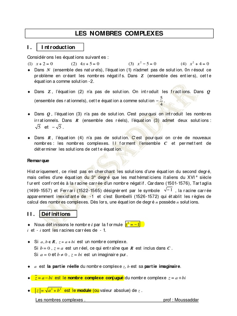 Cours sur les Nombres Complexes | PDF | Nombre complexe | Équation du ...