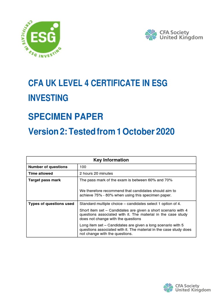 CFA UK ESG Investing Specimen Paper | PDF | Governance | Risk