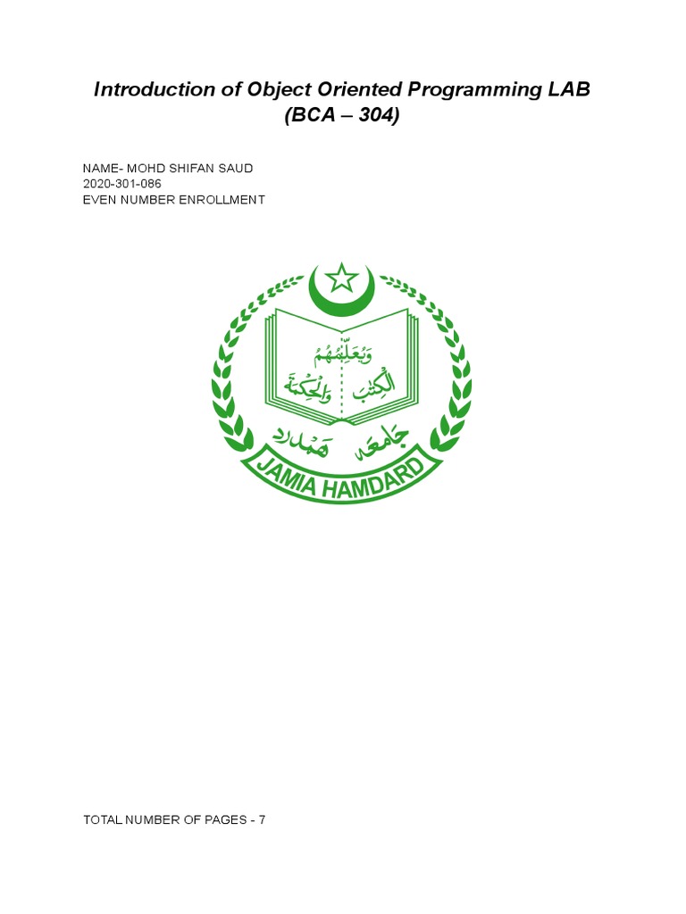 Introduction of Object Oriented Programming LAB (BCA - 304) : Name-Mohd Shifan Saud 2020-301-086 ...